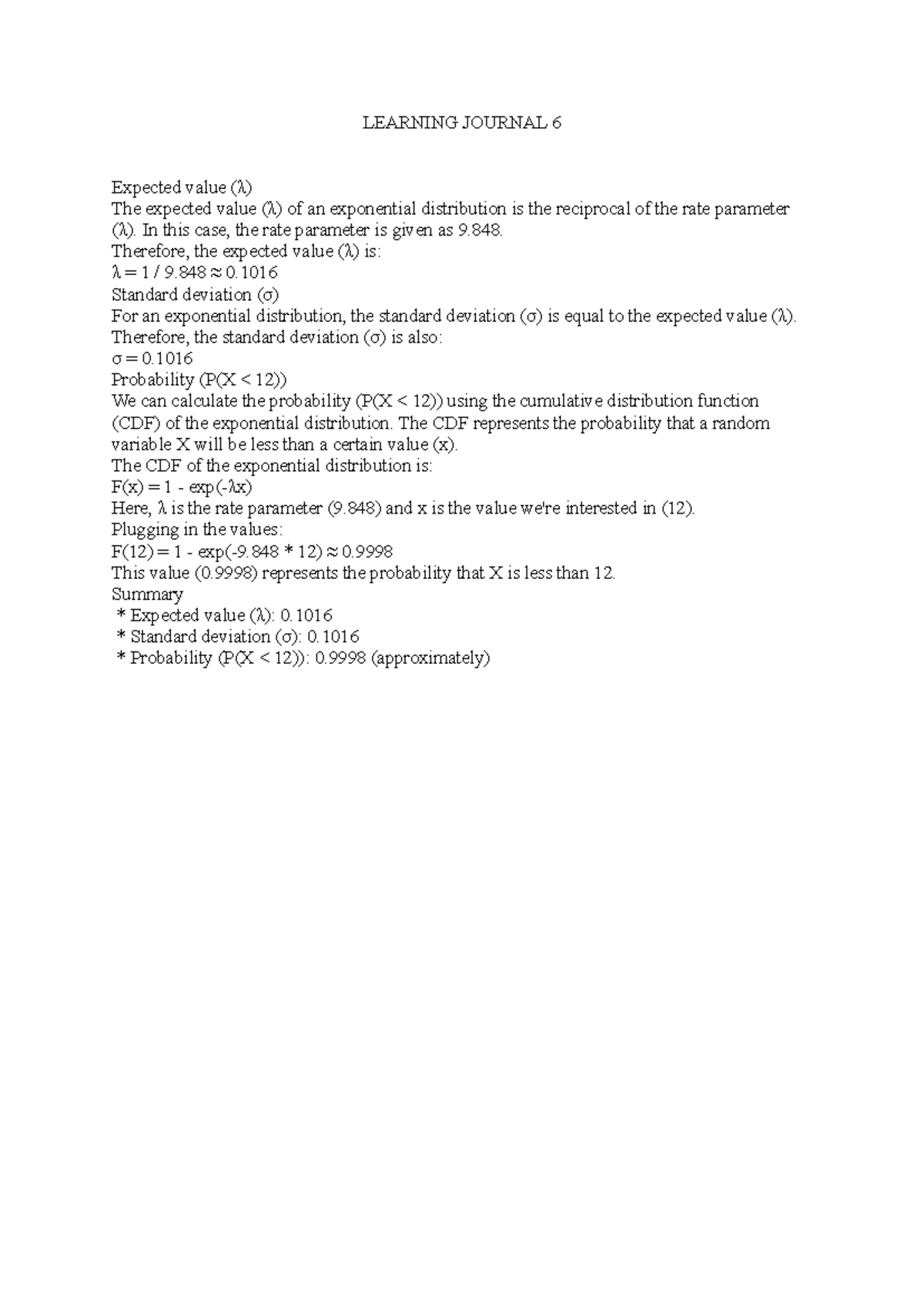 Math Learning Journal 6 - LEARNING JOURNAL 6 Expected value (λ) The ...