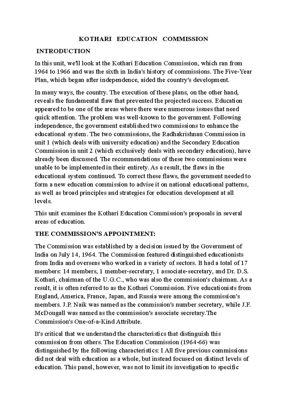 Kothari Education Commission - The Five-Year Plan, which began after ...