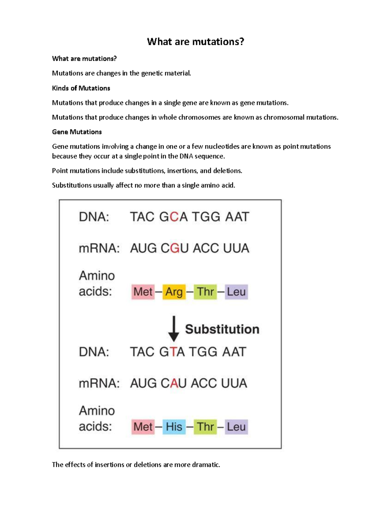 Mutations Notes - By introducing or removing a nucleotide, the ...
