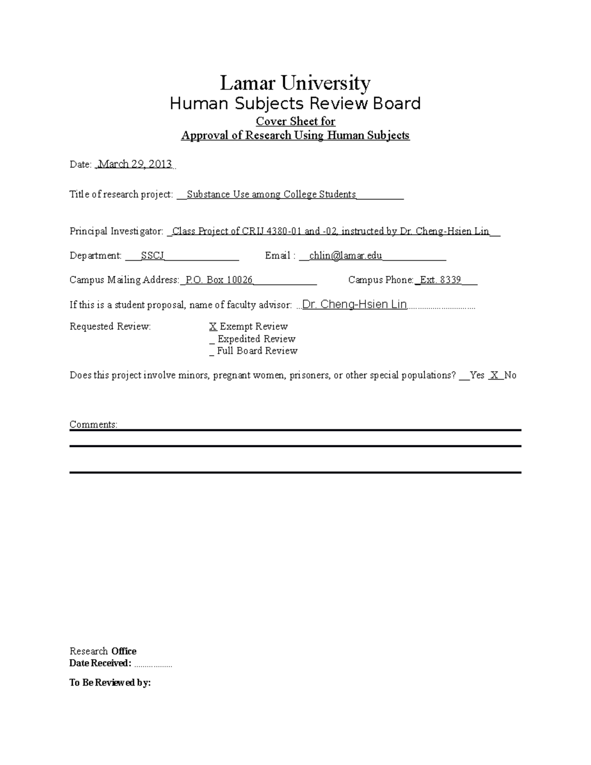 Sample IRB from - Study materials - Lamar University Human Subjects ...