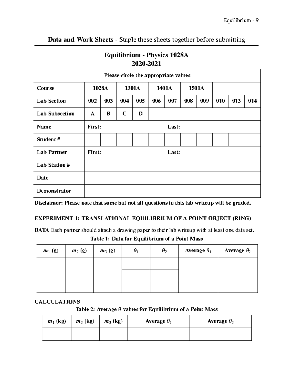 Physics Labs 2021 Equilibrium Data Worksheet - Data and Work Sheets ...