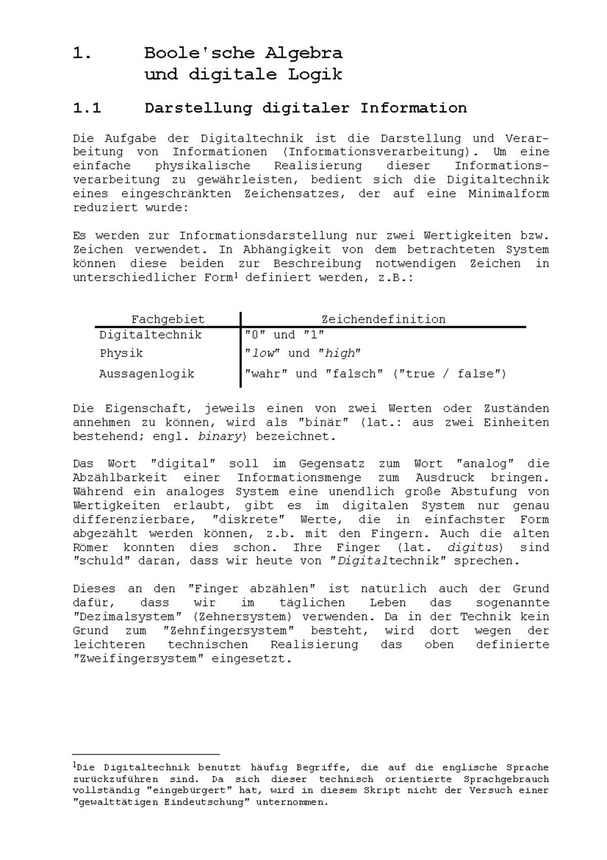Digitalskript 1 Boole 2002 - 1. Boole'sche Algebra und digitale Logik 1 ...