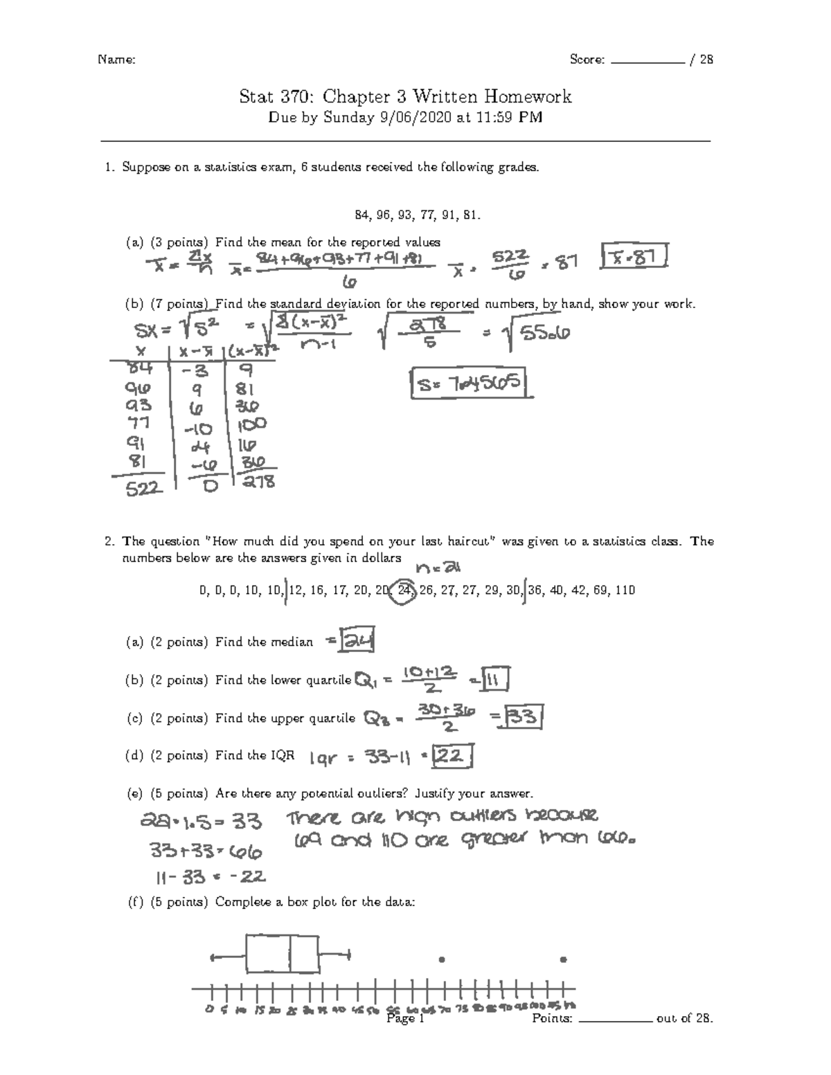 Stat 370 ch 3 written homework - Name: Score: / 28 Stat 370: Chapter 3 ...