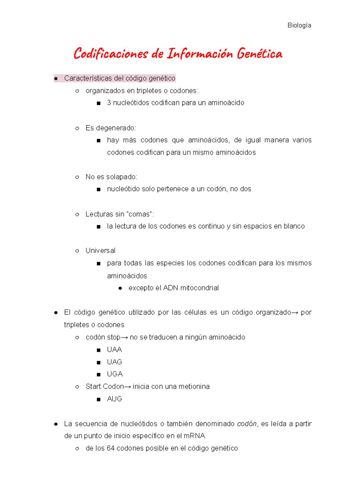 Apunte Codificaciones de la Información Genética - Biología ...