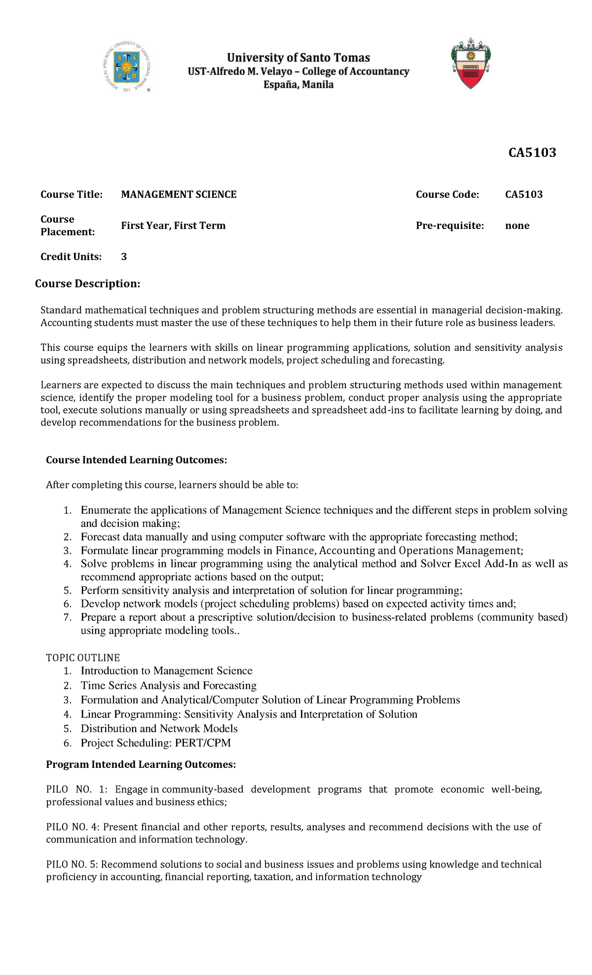 Course Plan - Course Title: MANAGEMENT SCIENCE Course Code: CA Course ...