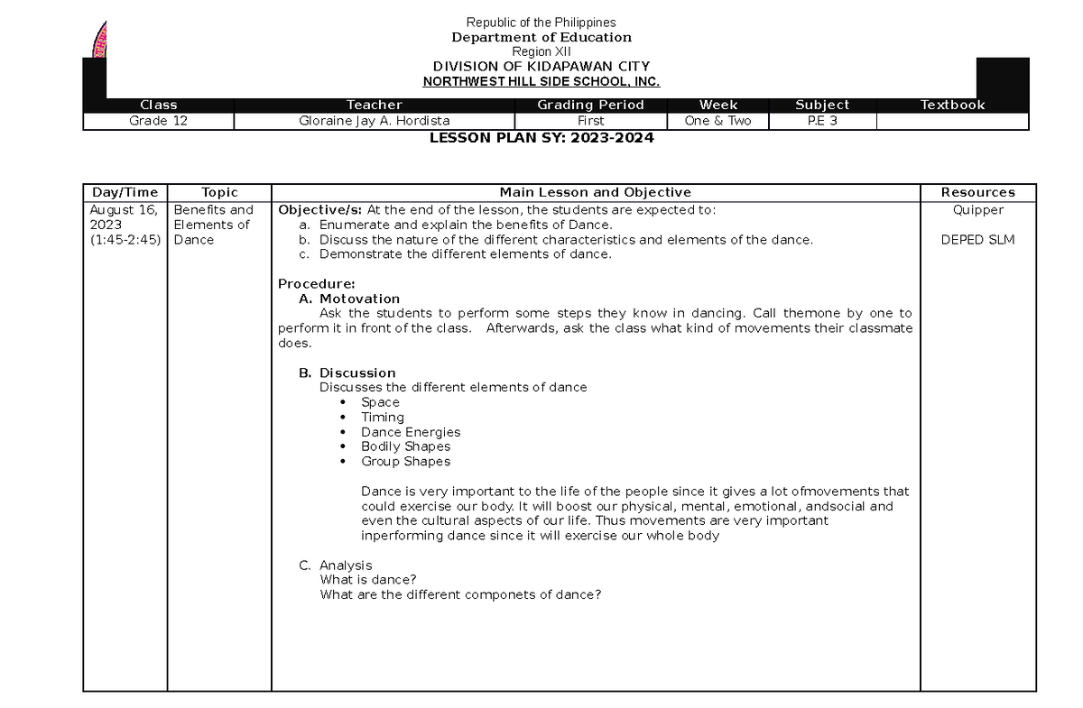 LP-P.E 3-WEEK 1 - LESSON PLAN - Class Teacher Grading Period Week ...