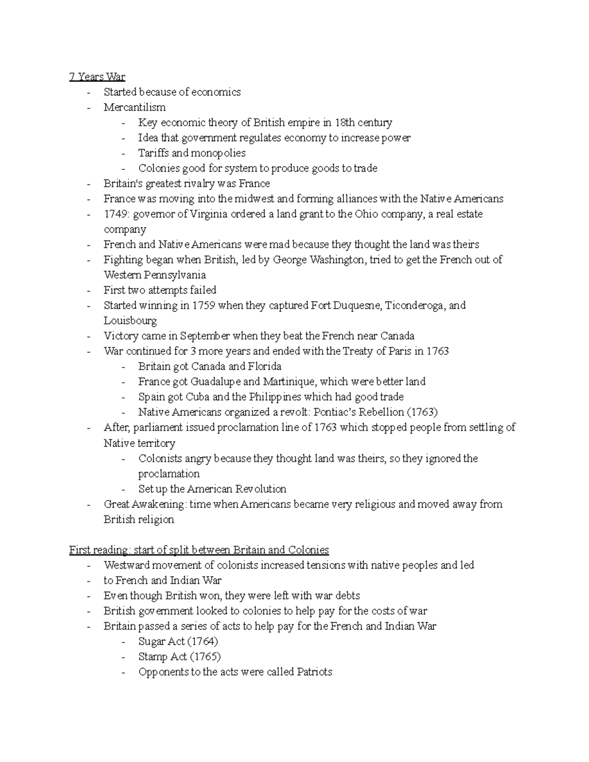 7 Years War and Revolution Notes - 7 Years War - Started because of ...