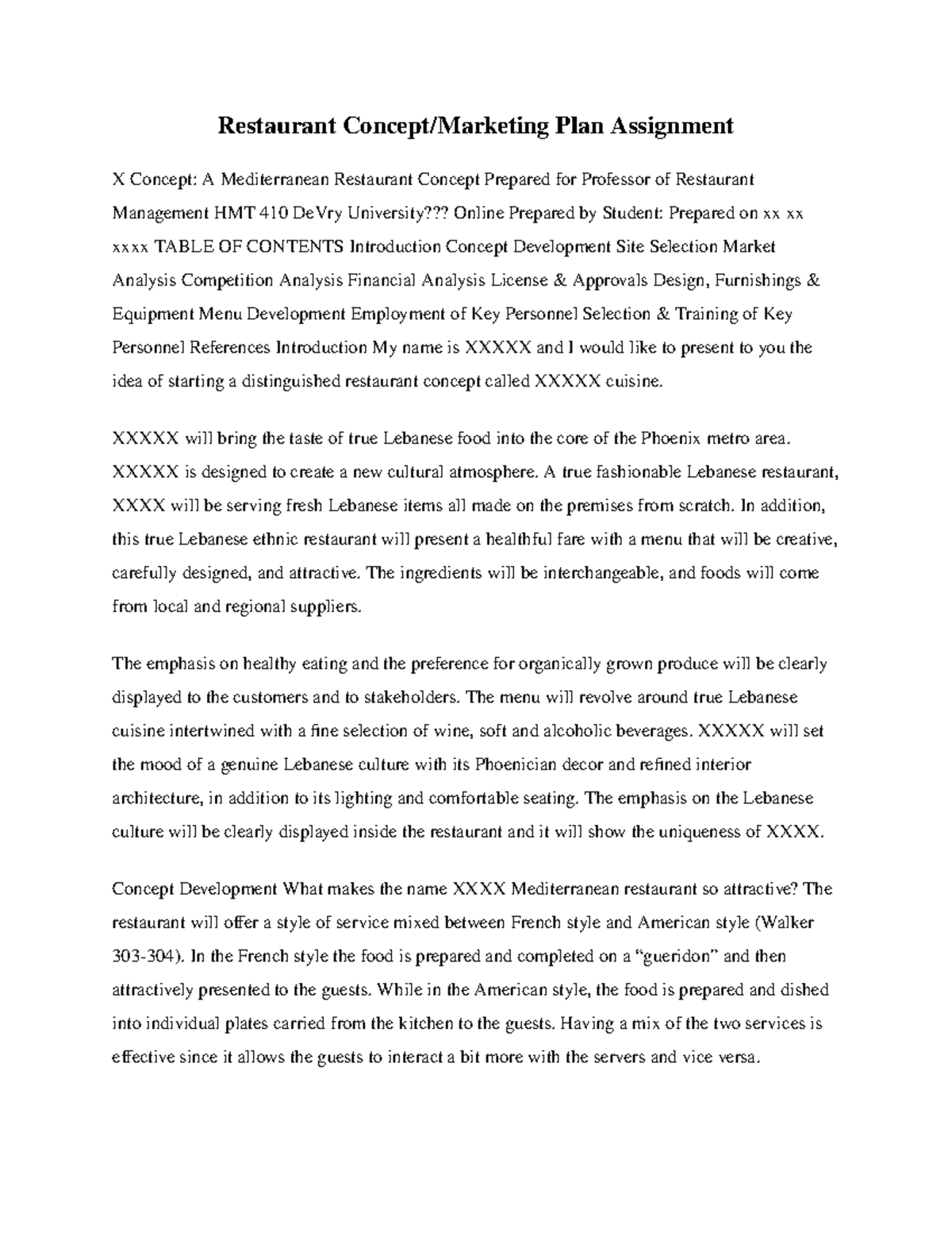 Restaurant Concept assignment - Restaurant Concept/Marketing Plan ...