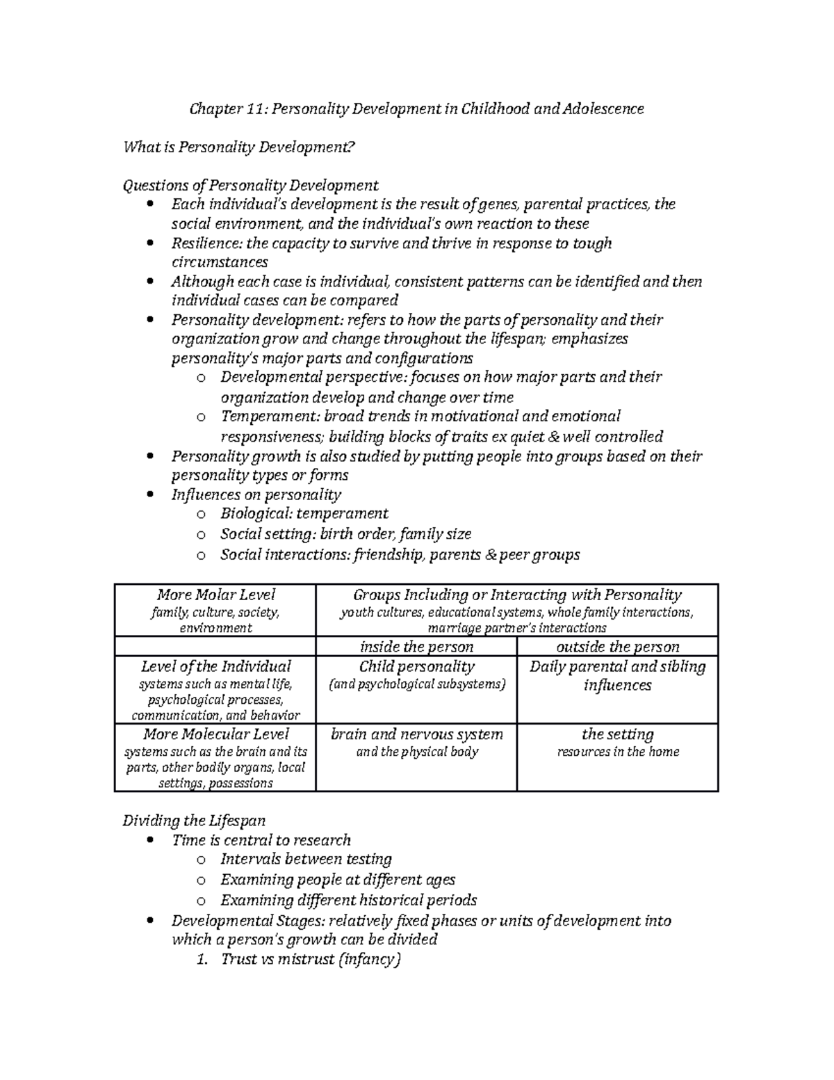 Chapter 11 book notes - Chapter 11: Personality Development in ...