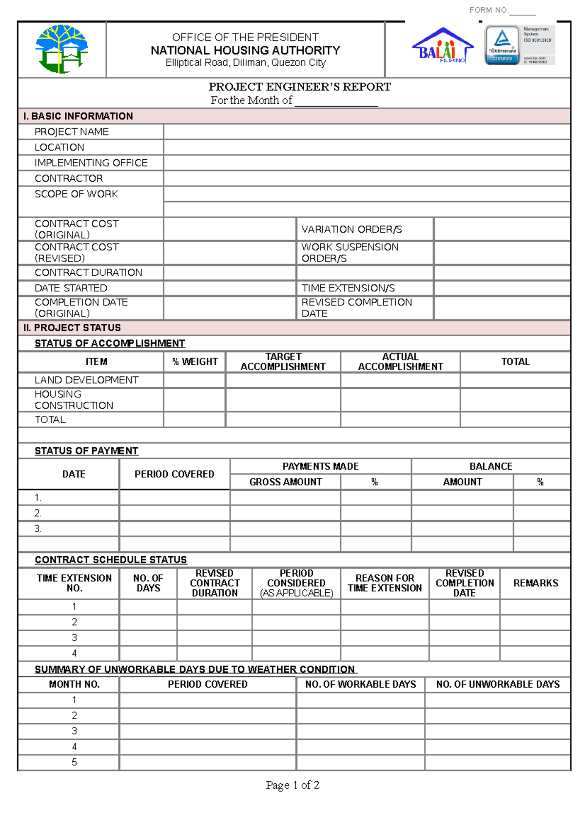 Project Engineers Report - OFFICE OF THE PRESIDENT NATIONAL HOUSING ...