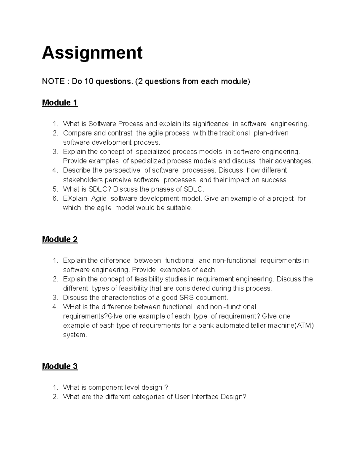 Assignment questions SE - Assignment NOTE : Do 10 questions. (2 ...