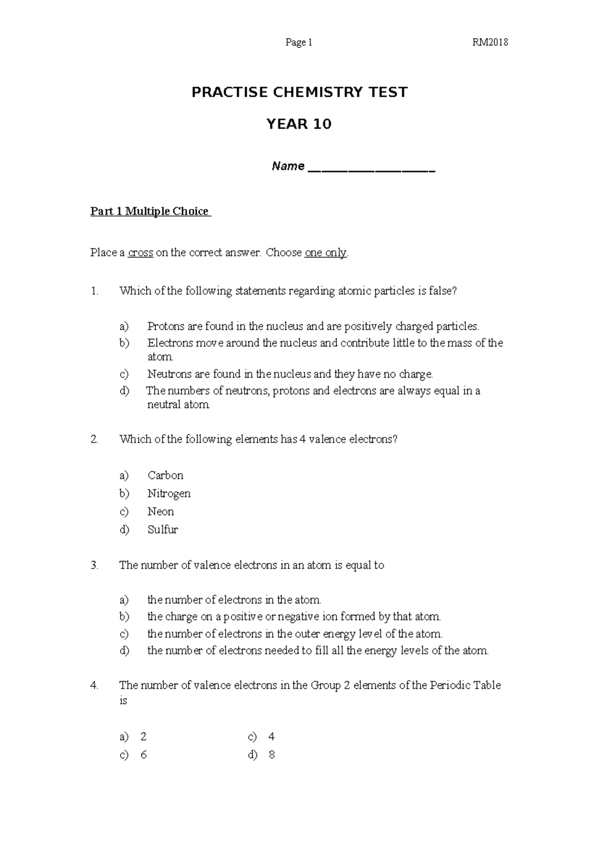 Practise Chemistry Test - PRACTISE CHEMISTRY TEST YEAR 10 Name ...