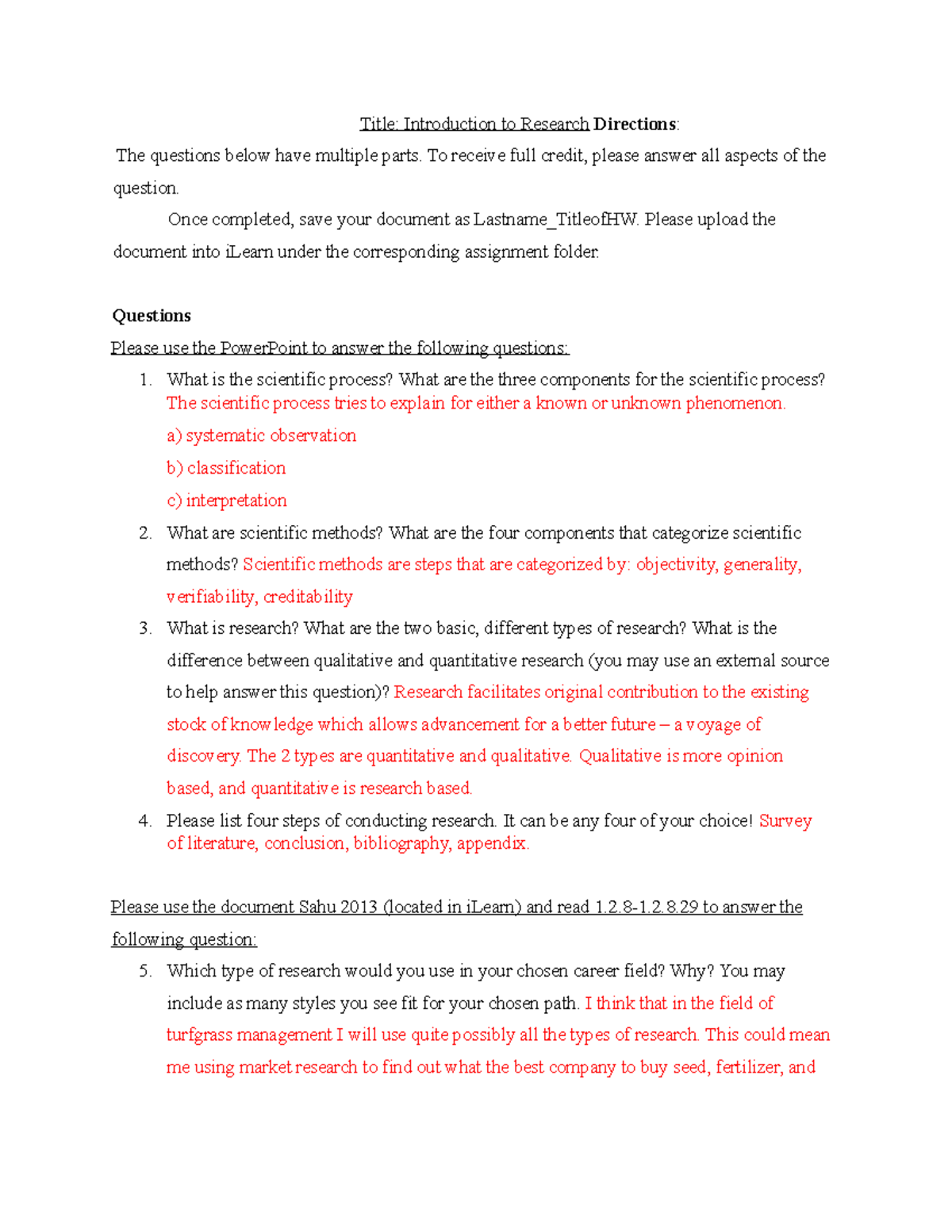 Intro to research HW - Title: Introduction to Research Directions: The ...