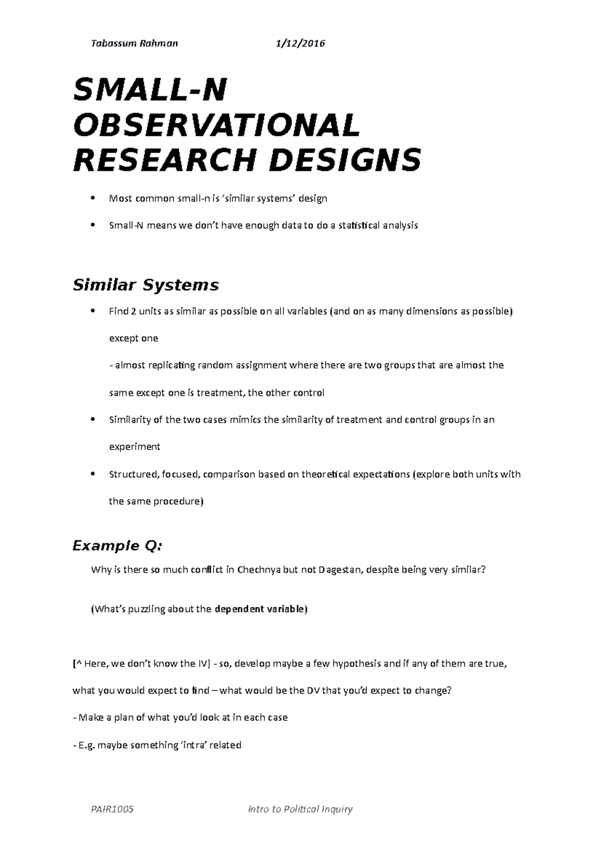 Small-N Observational research design - Tabassum Rahman 1/12/ SMALL-N ...