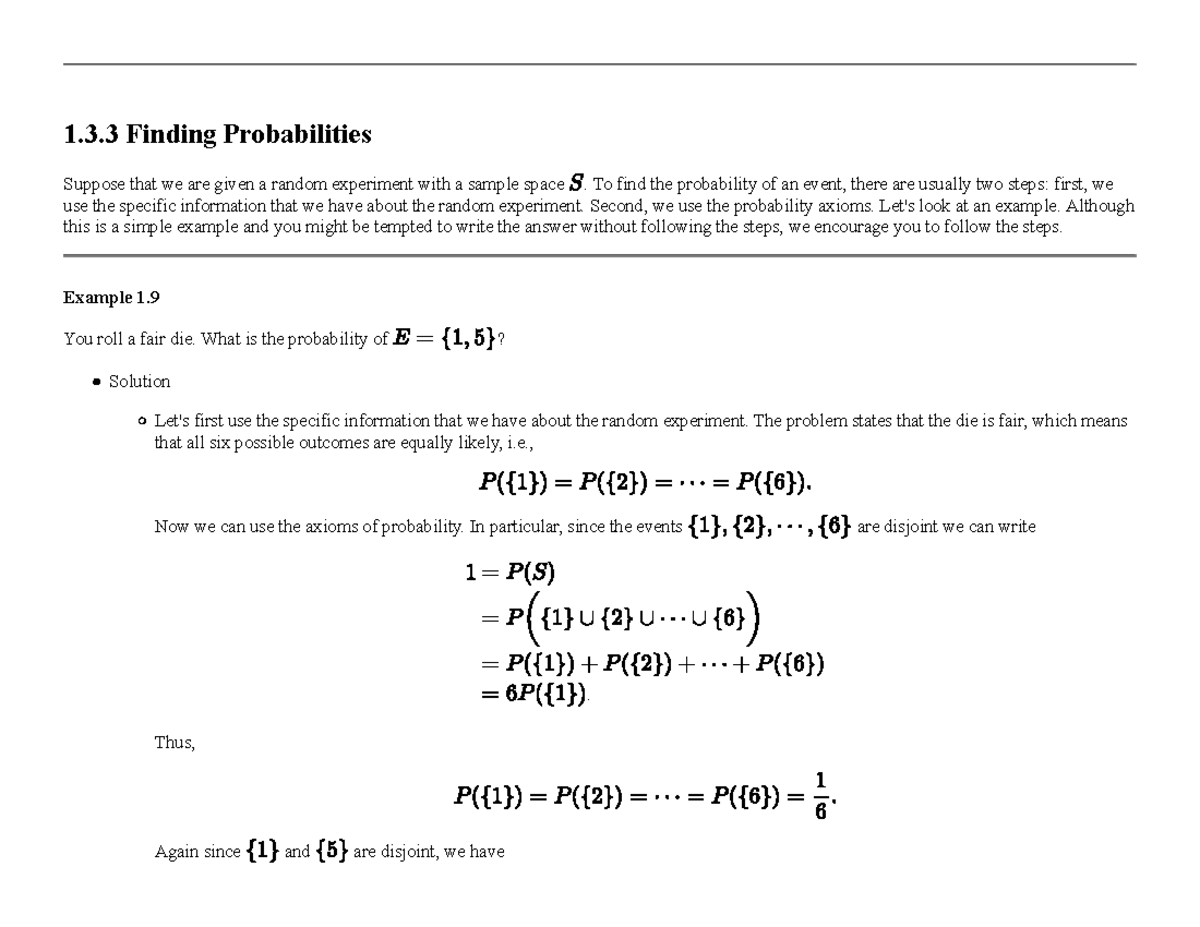 Finding Probabilities - 1.3 Finding Probabilities Suppose that we are ...