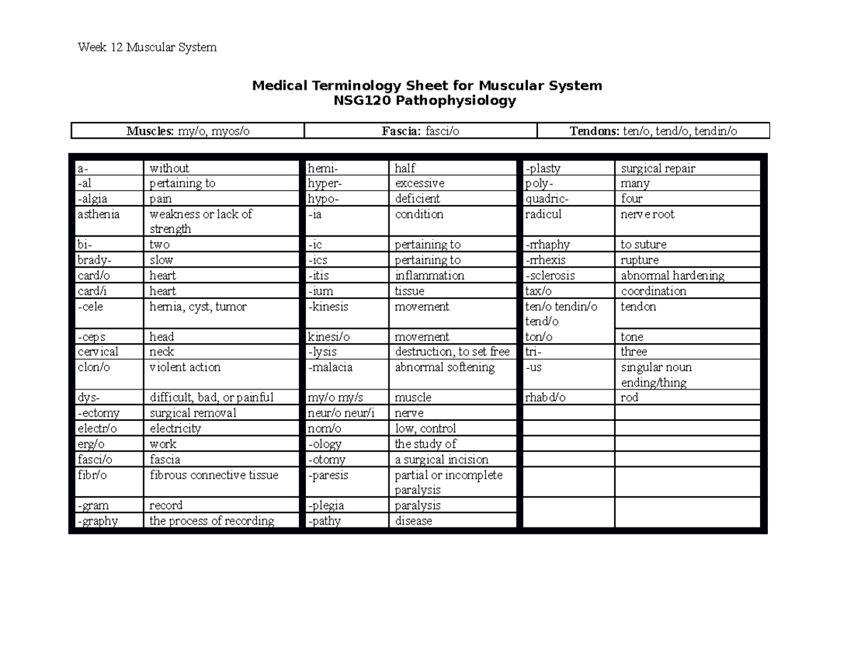 Medical Terminology Sheet for Muscular System 2022 - Week 12 Muscular ...