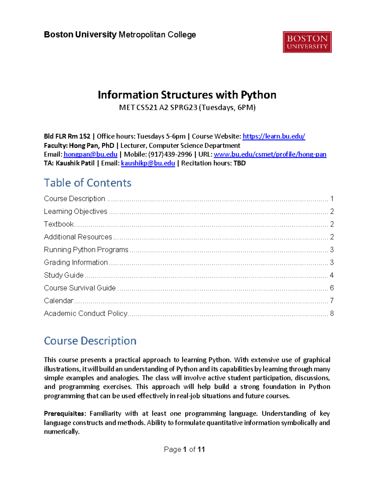 Metcs 521A2SPRG23Syllabus HP20230120 - Information Structures with Python MET CS521 A2 SPRG23 ...