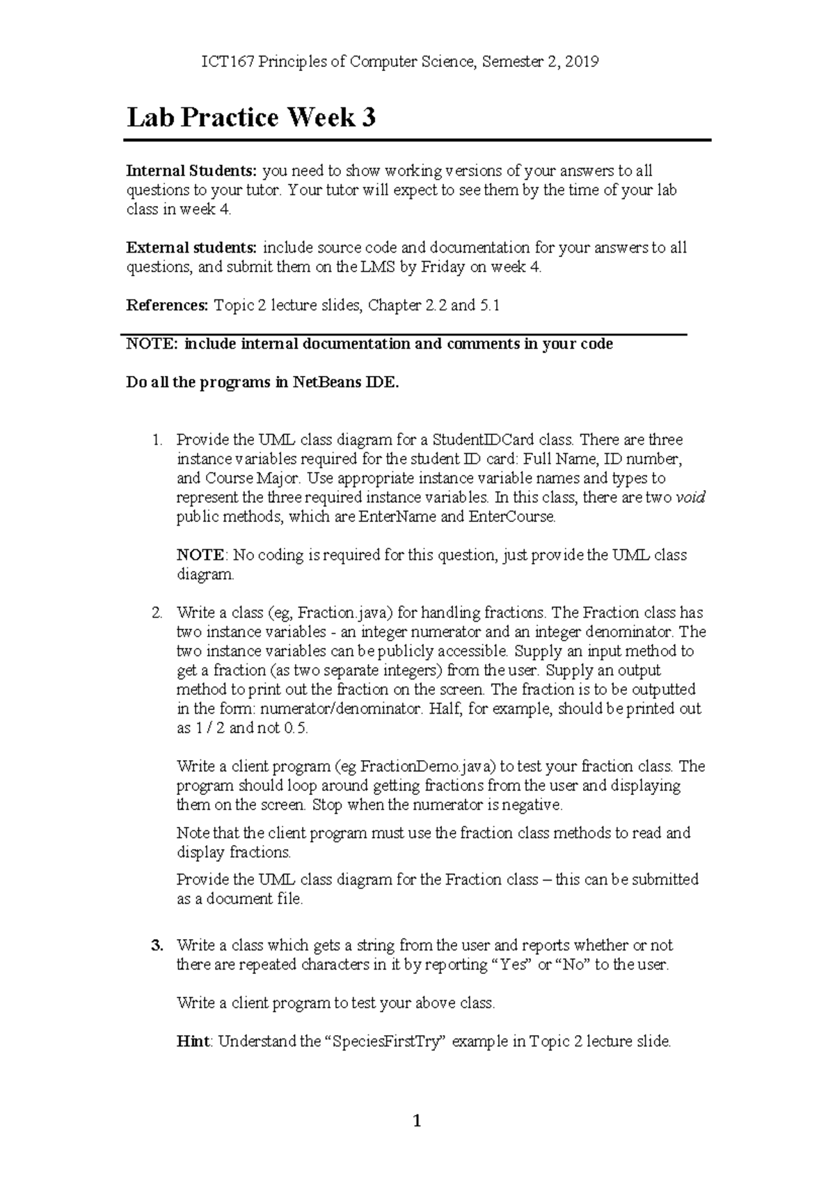Week03 - TUT3 - ICT 167 Principles of Computer Science, Semester 2, 2019 1 Lab Practice Week 3 ...