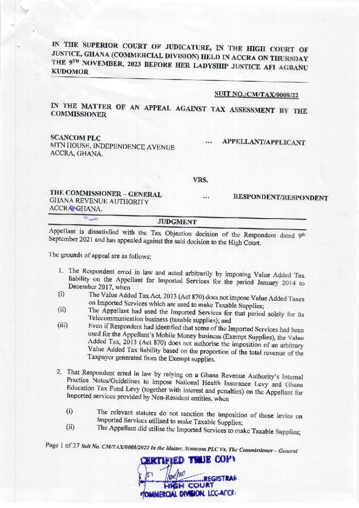 Judgment Scancom PLC VS GRA - Principles of Business Law - Studocu