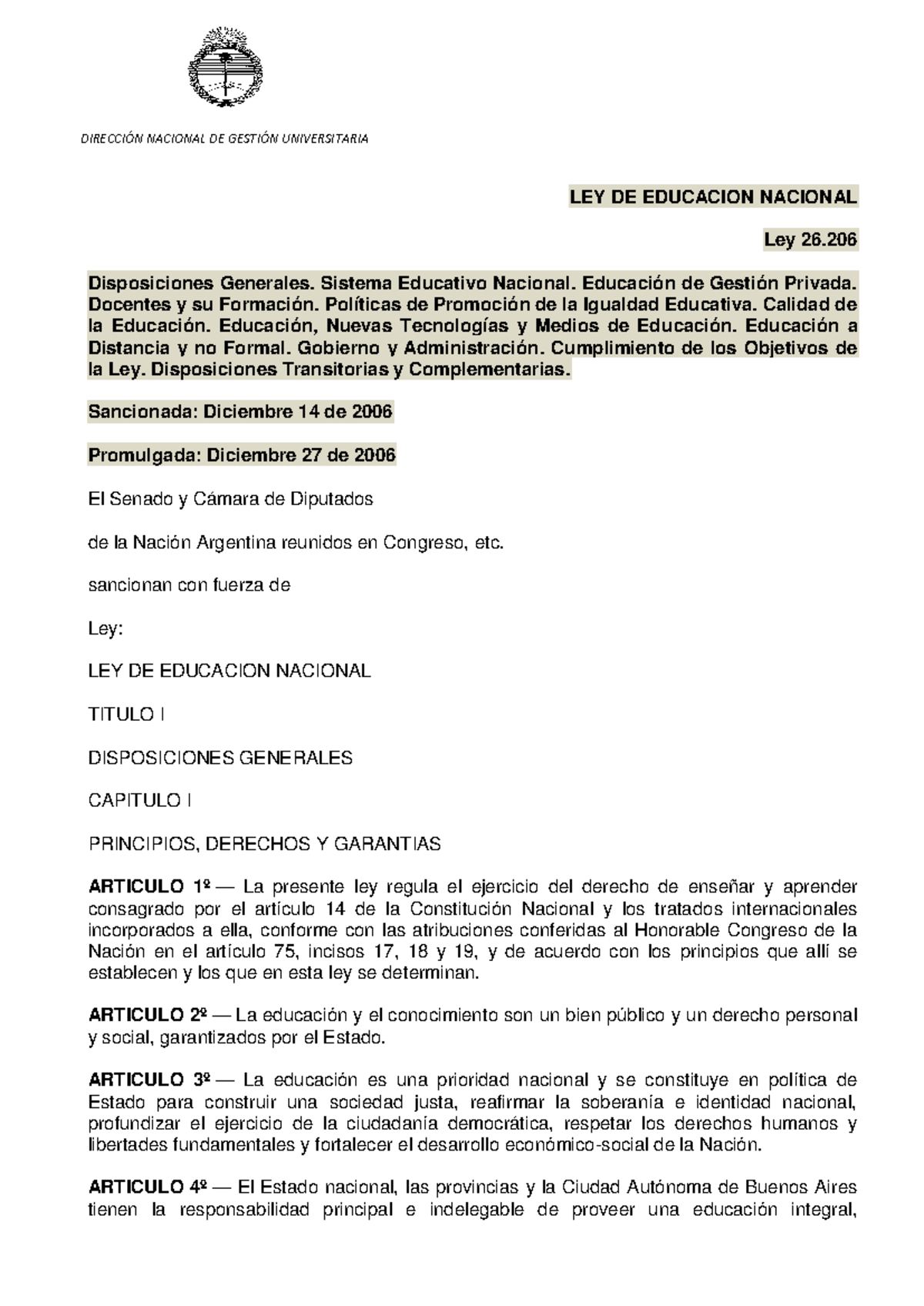 LEY Educ Nac 26206 - Ley nacional de Educación 26.206 - LEY DE ...
