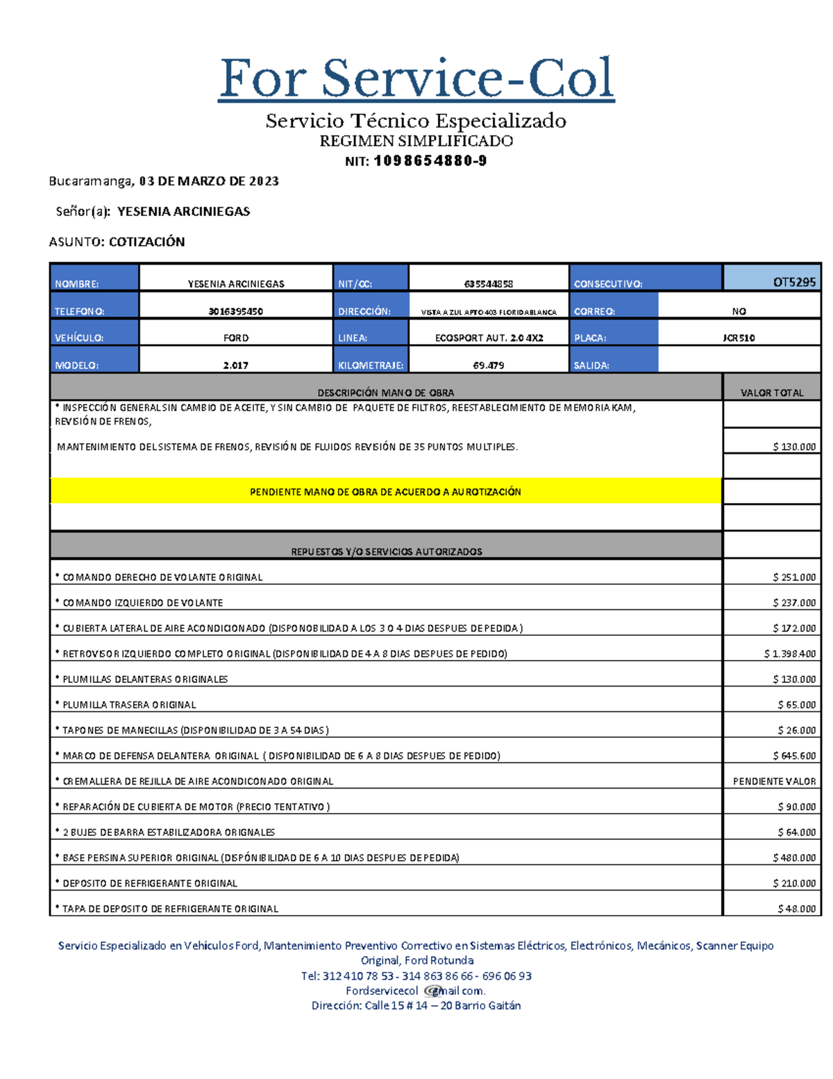 JCR510 Cotización - ejemplo de como se cotiza un auto - For Service-Col ...