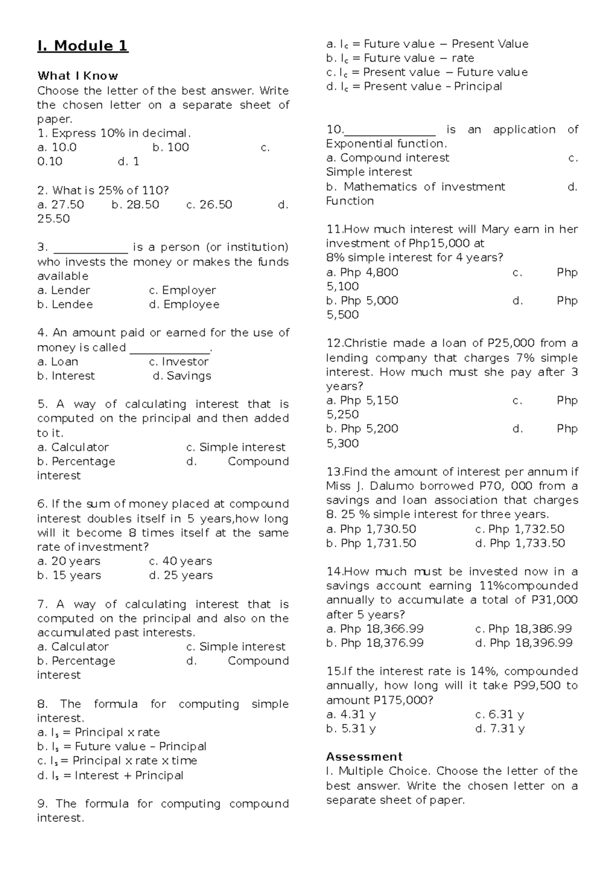 GEN MATH ALL MOD - apt apt - I. Module 1 What I Know Choose the letter ...