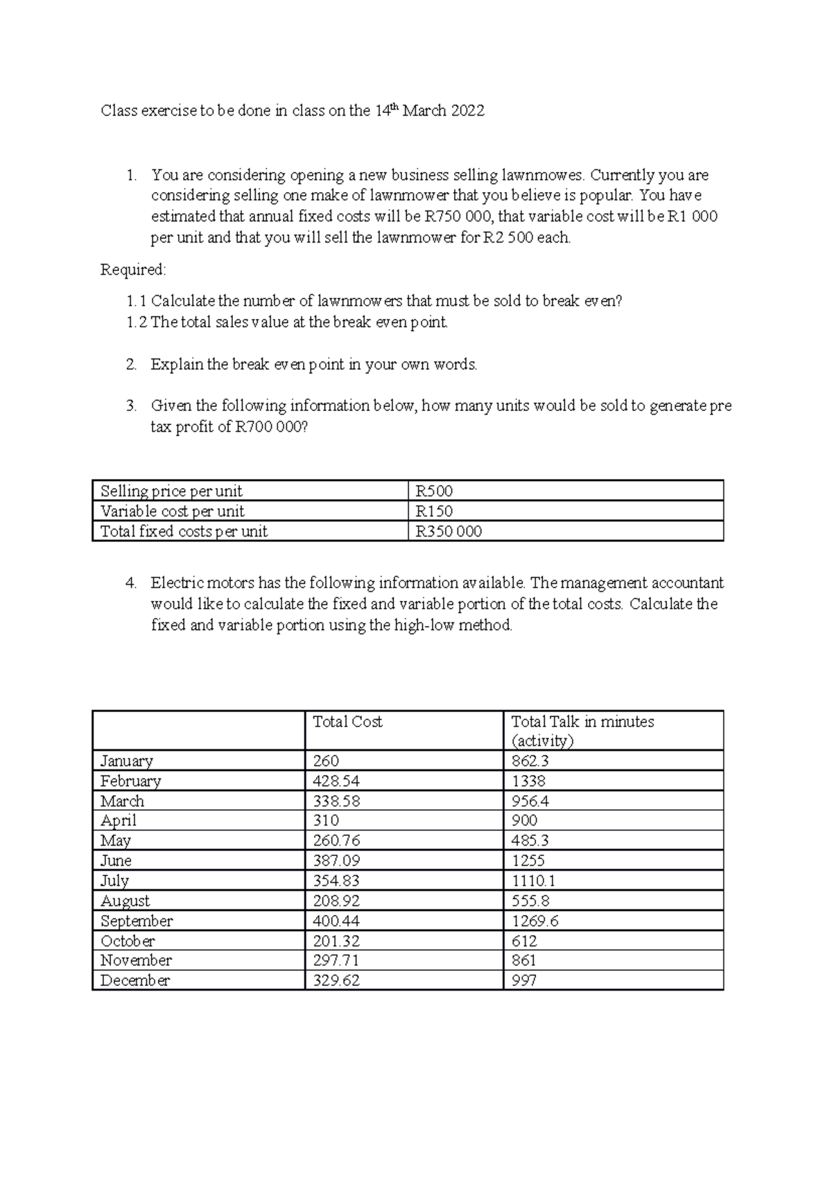 Class excercise for chapters 1 to 3 - Class exercise to be done in ...