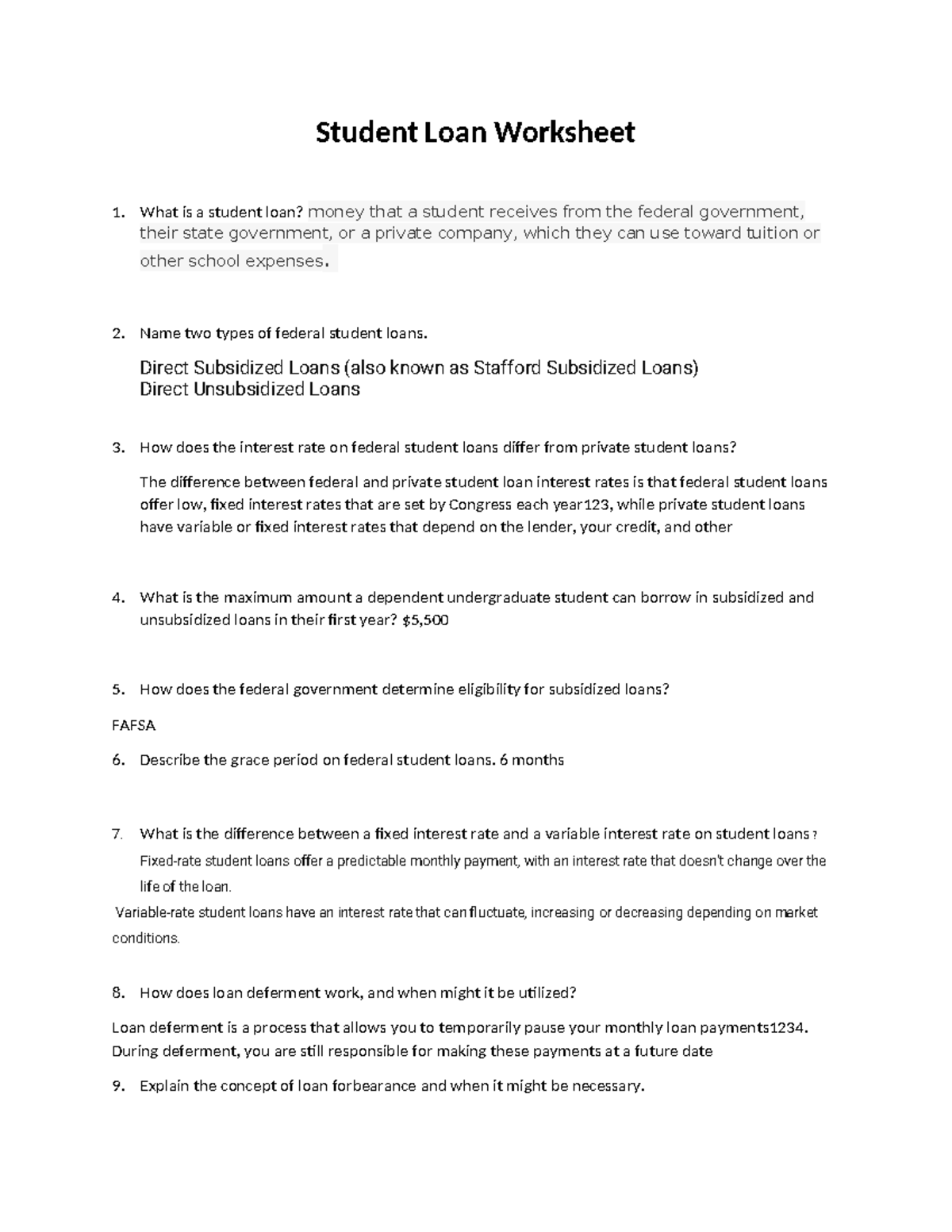 What is a student loan complete - Student Loan Worksheet 1. What is a ...