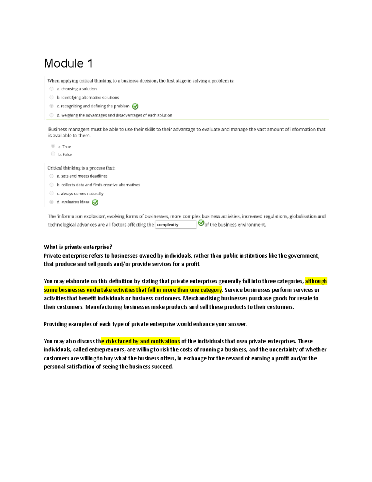 BUSS1030 Revision Questions - Module 1 What is private enterprise ...