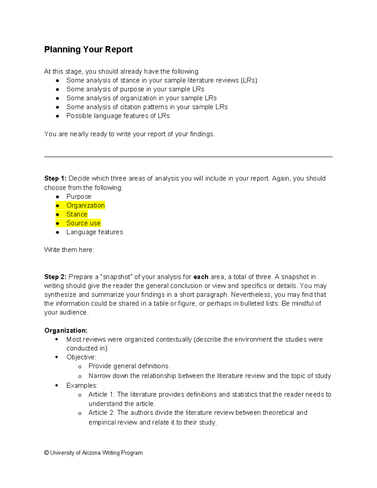 Planning Your Report - Step 1: Decide which three areas of analysis you ...