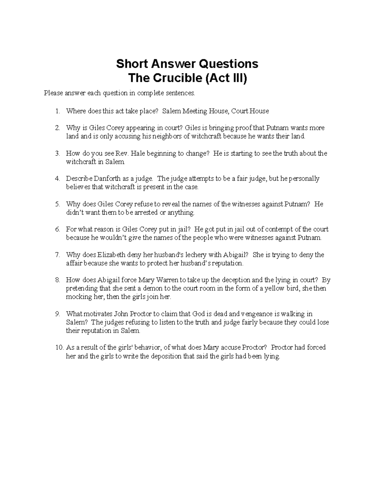 5.3 The Crucible (Act III)-Short Answer Questions - Short Answer ...