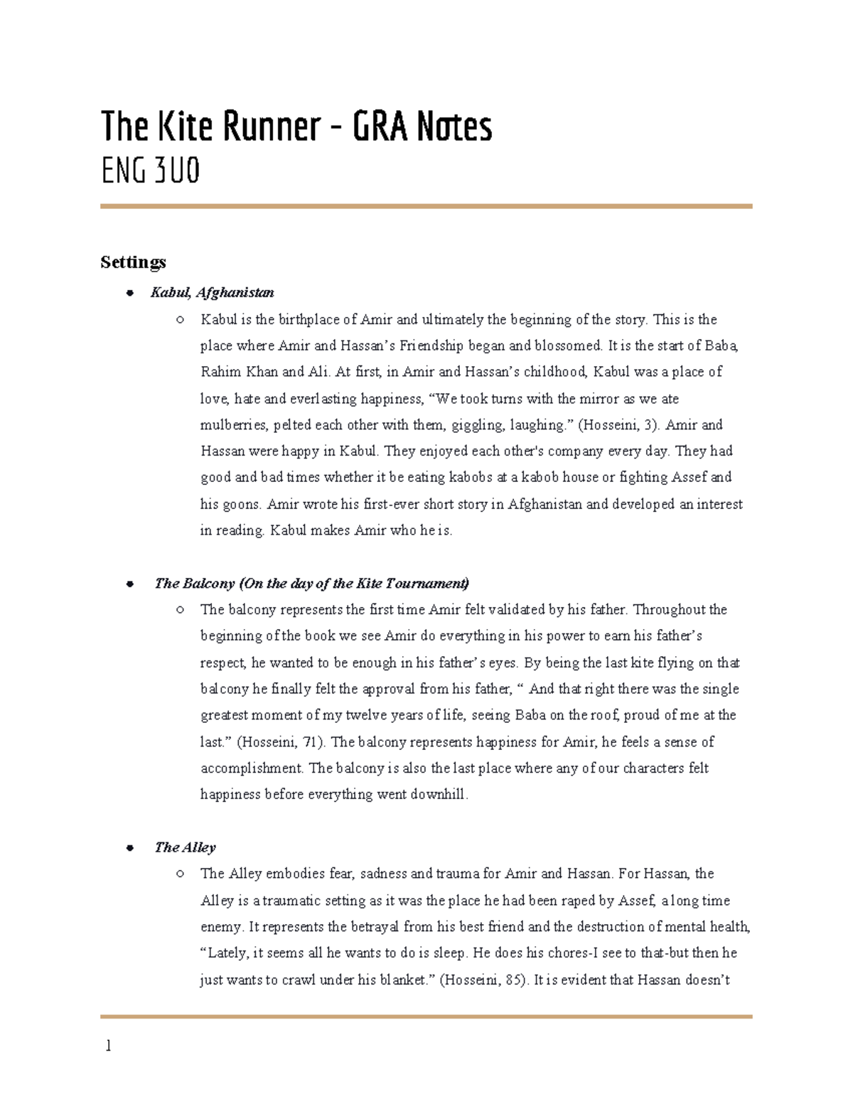 GRA Notes - The Kite Runner - The Kite Runner - GRA Notes ENG 3U ...