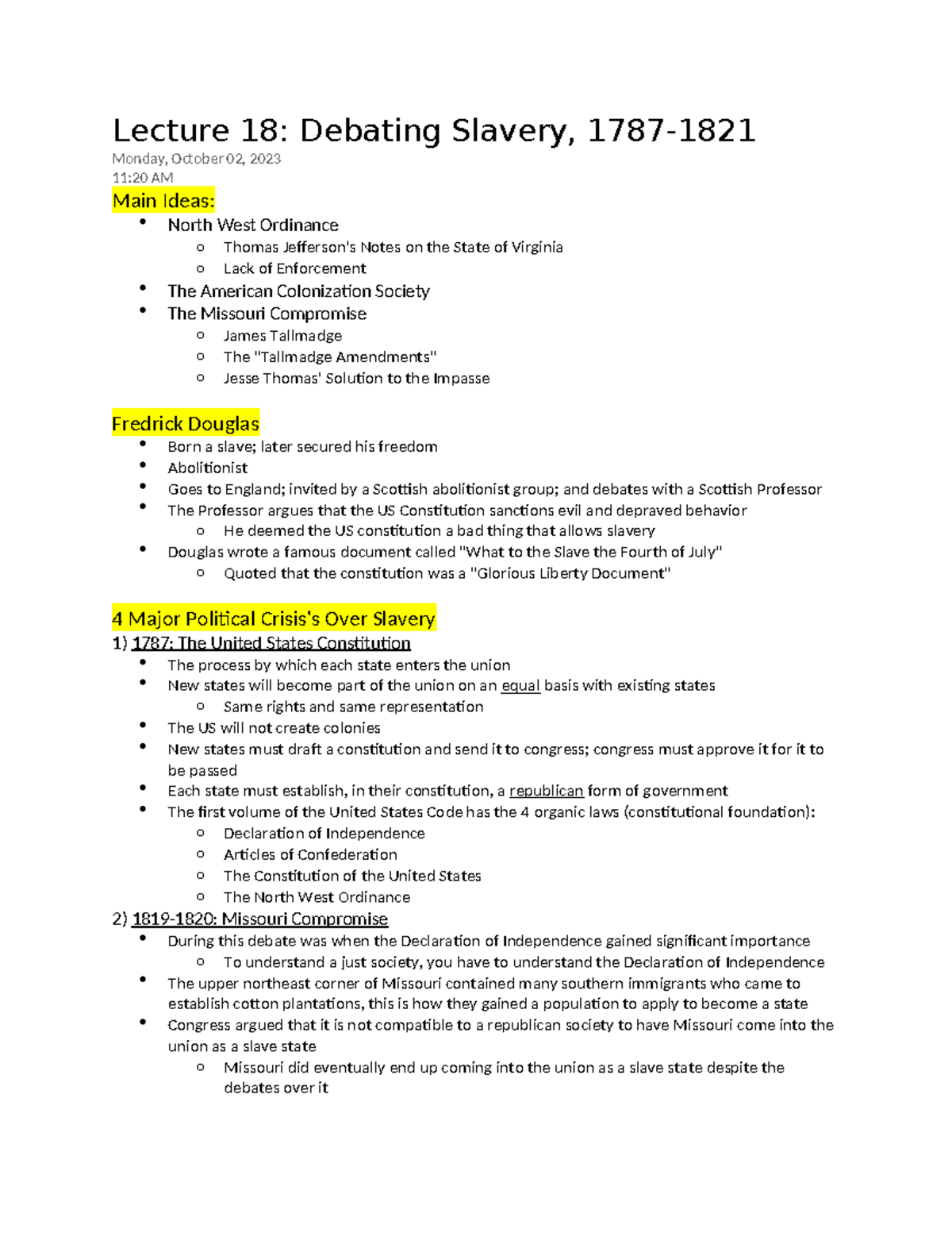 Lecture 18 Debating Slavery, 1787-1821 - Lecture 18: Debating Slavery ...
