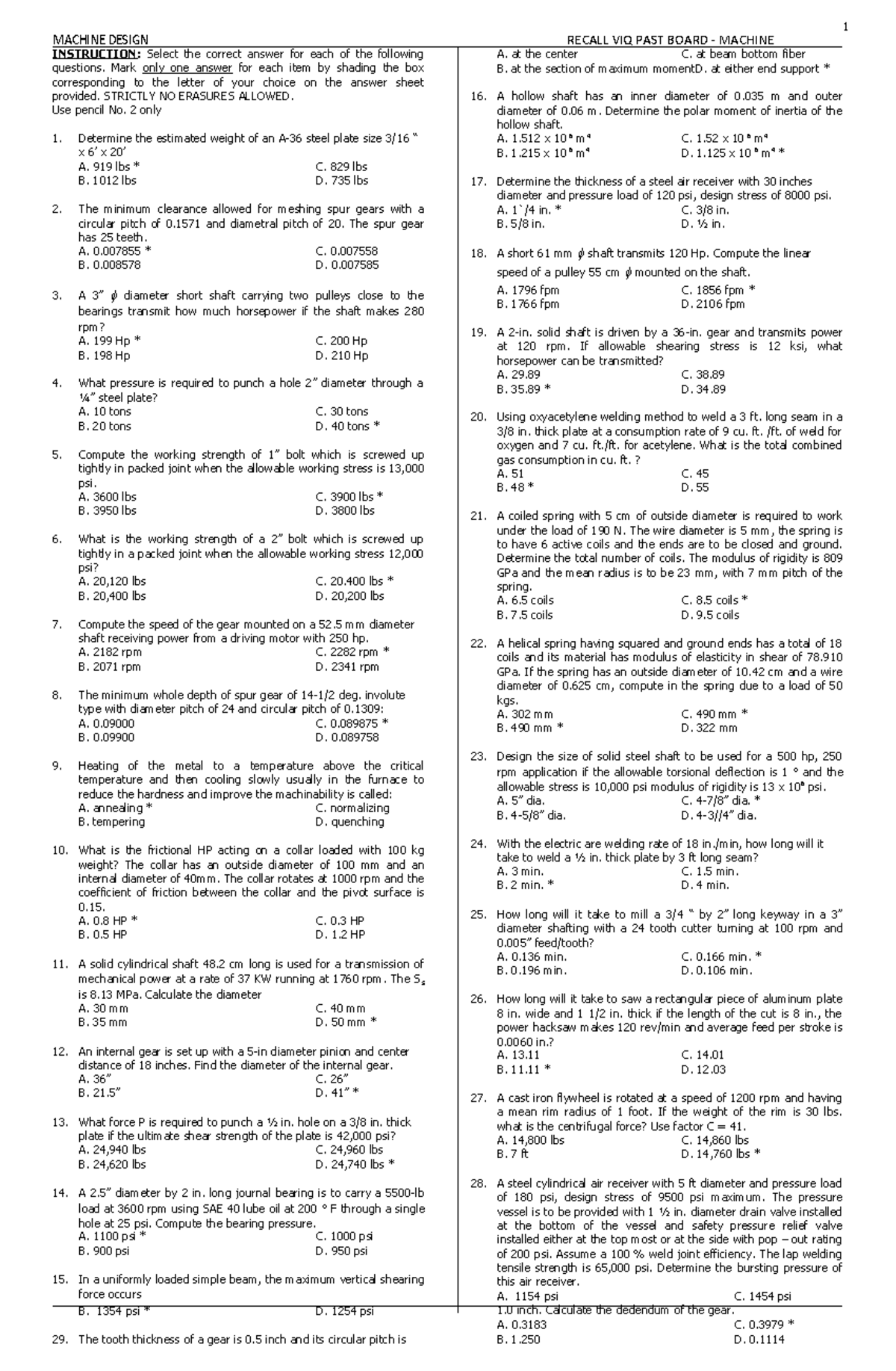 PS3 - 1 MACHINE DESIGN RECALL VIQ PAST BOARD - MACHINE INSTRUCTION: Select the correct answer ...