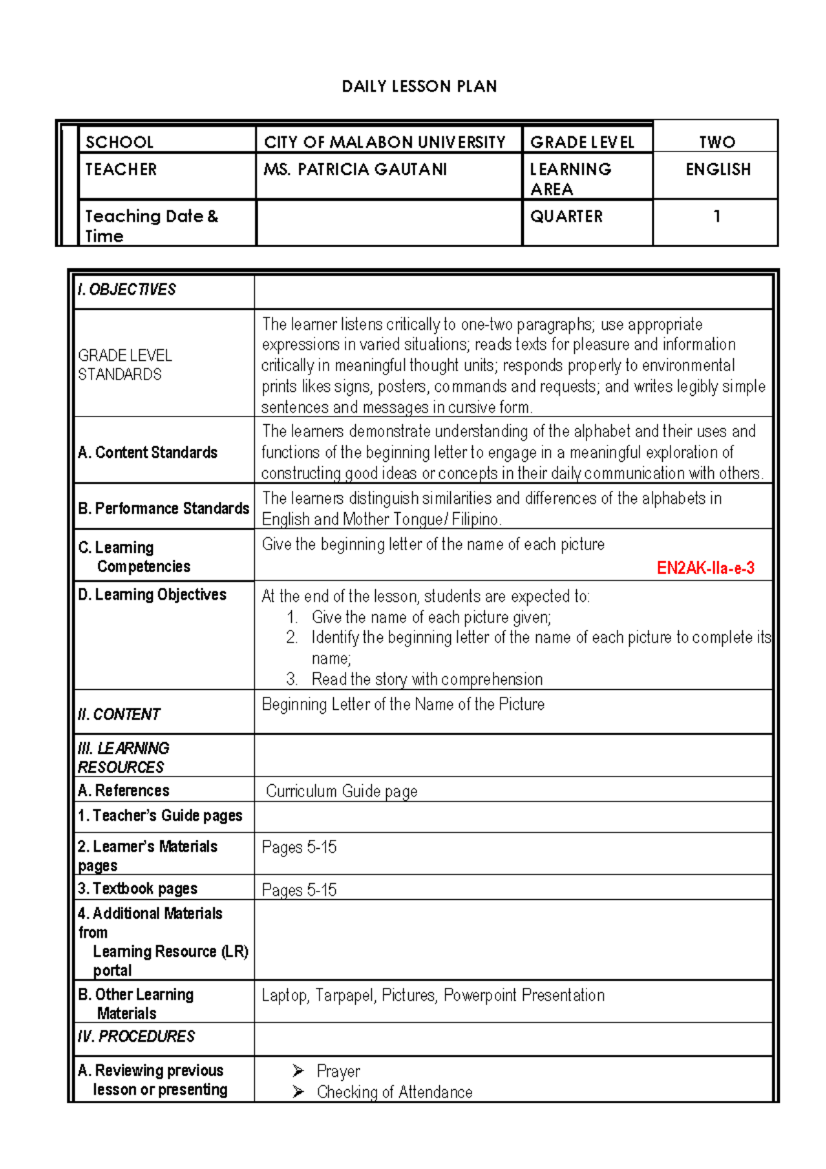 Dlp-languagearts - SAMPLE DLP - DAILY LESSON PLAN SCHOOL CITY OF ...