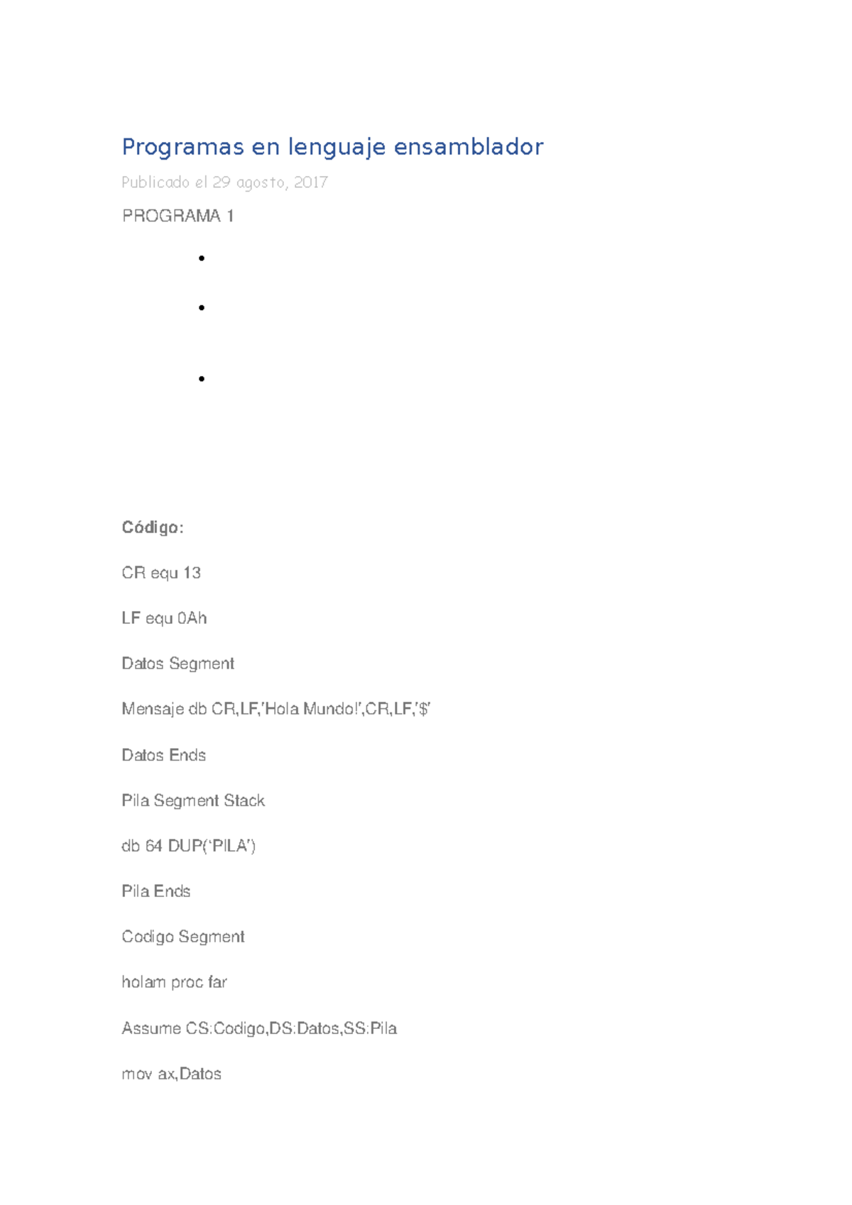 Asembler unidad 1 - Lenguajes de programación - Programas en lenguaje ...