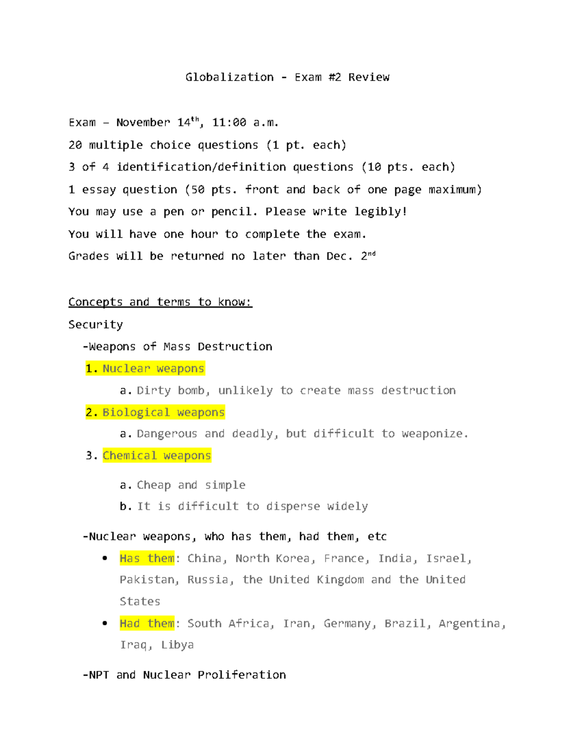 Exam # 2 Revision - Prof. Scott Solomon - Globalization - Exam #2 ...