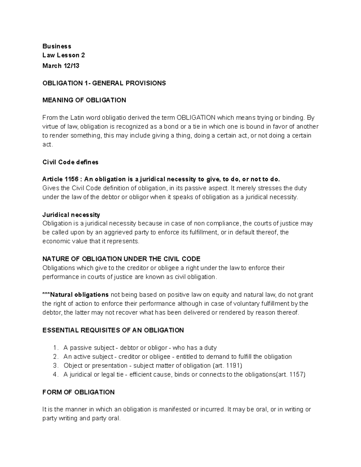 Business Law lesson 2 - Business Law Lesson 2 March 12/ OBLIGATION 1 ...