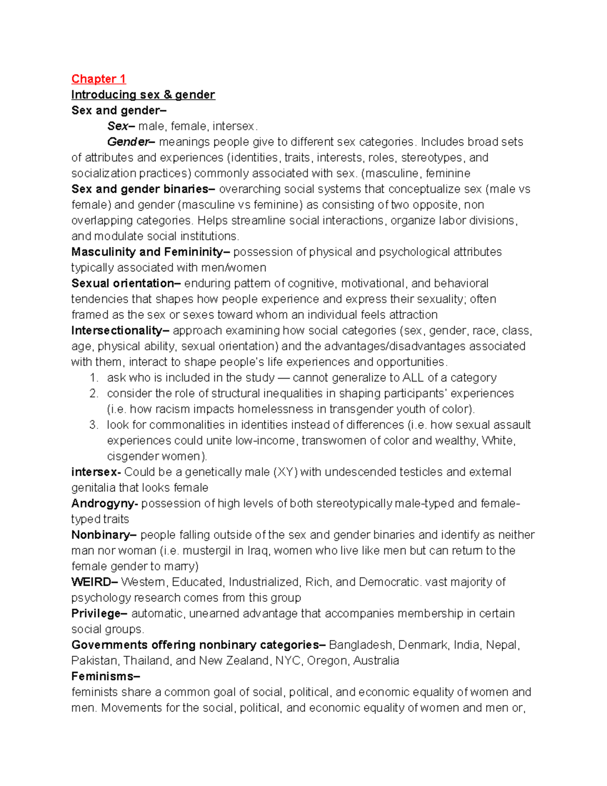 Psych of gender exam 1 study guide - Chapter 1 Introducing sex & gender ...