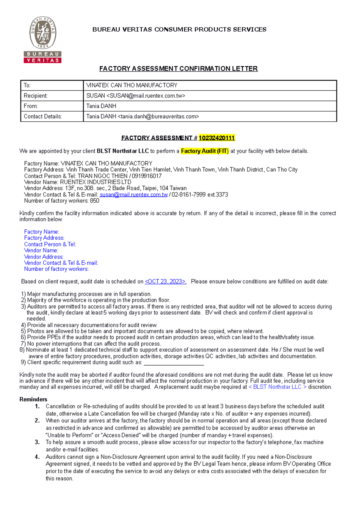 Confirmation letter - bank - BUREAU VERITAS CONSUMER PRODUCTS SERVICES ...