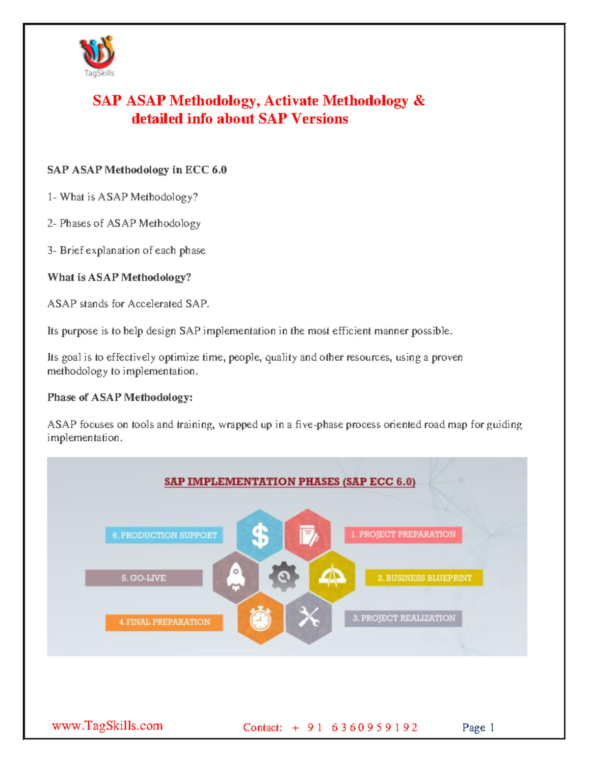SAP - ASAP implementation project - TagSkills Contact: + 9 1 6 3 6 0 9 5 9 1 9 2 Page 1 SAP ASAP ...