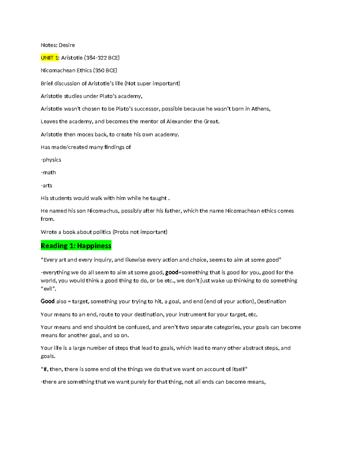 Desire Notes - Notes: Desire UNIT 1: Aristotle (384-322 BCE ...