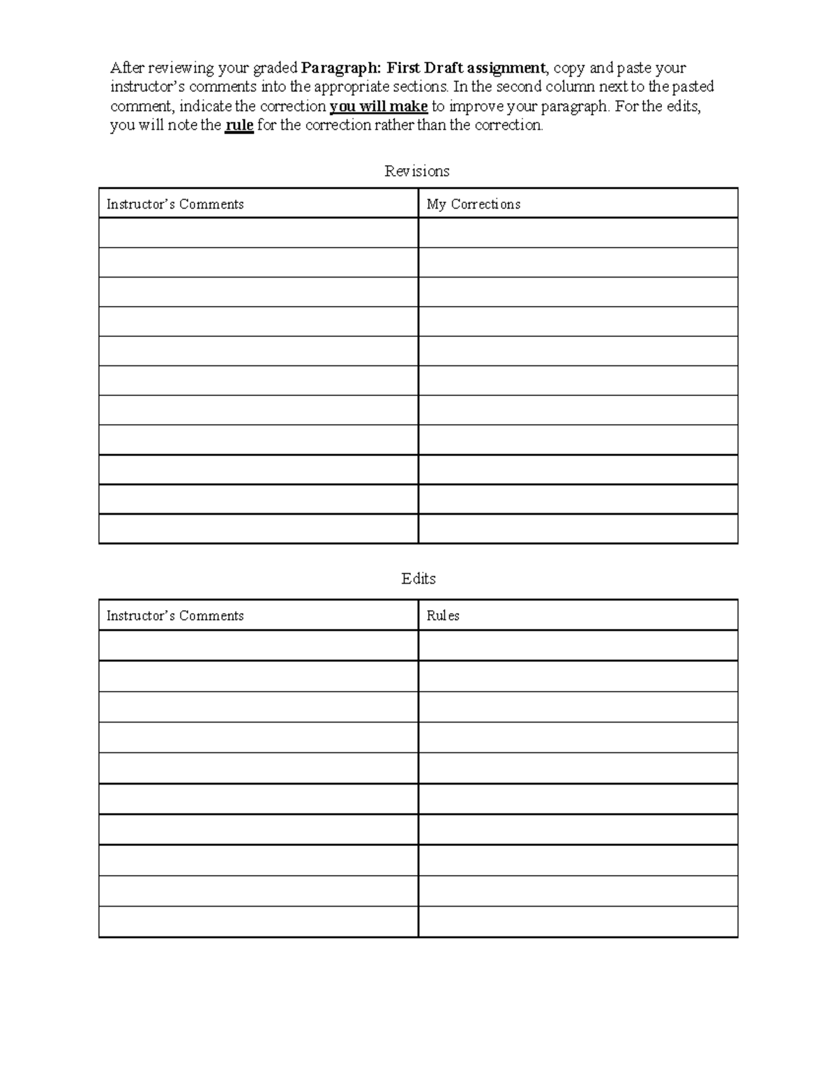 Paragraph Evaluation Chart - CLST 113 - Instructor’s Comments My ...
