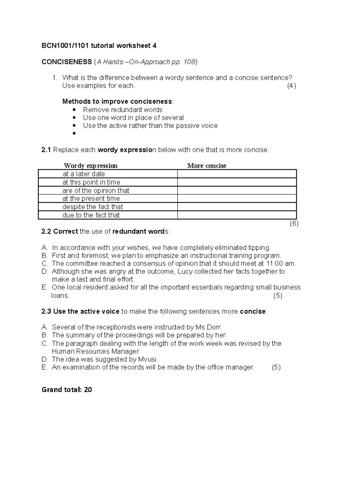 BCN Tutorial worksheet 5 - BCN1001/1101 tutorial worksheet 4 ...