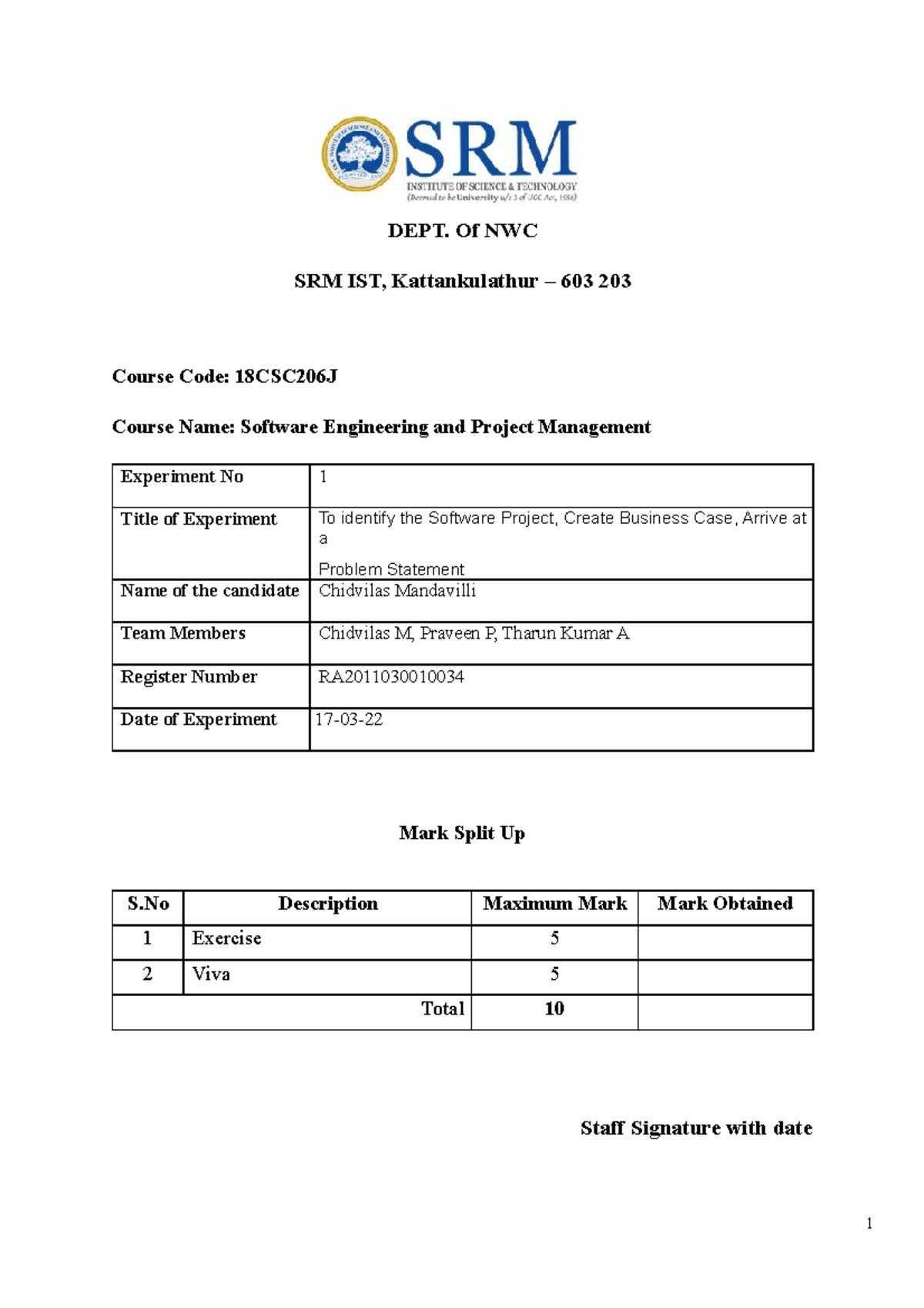 SEPM entire experiment - DEPT. Of NWC SRM IST, Kattankulathur – 603 203 ...