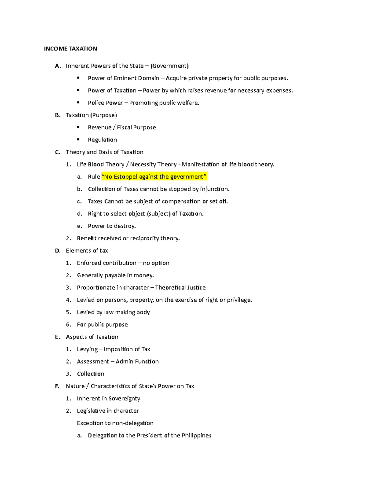 Income Taxation Chapter 1 - INCOME TAXATION A. Inherent Powers of the ...