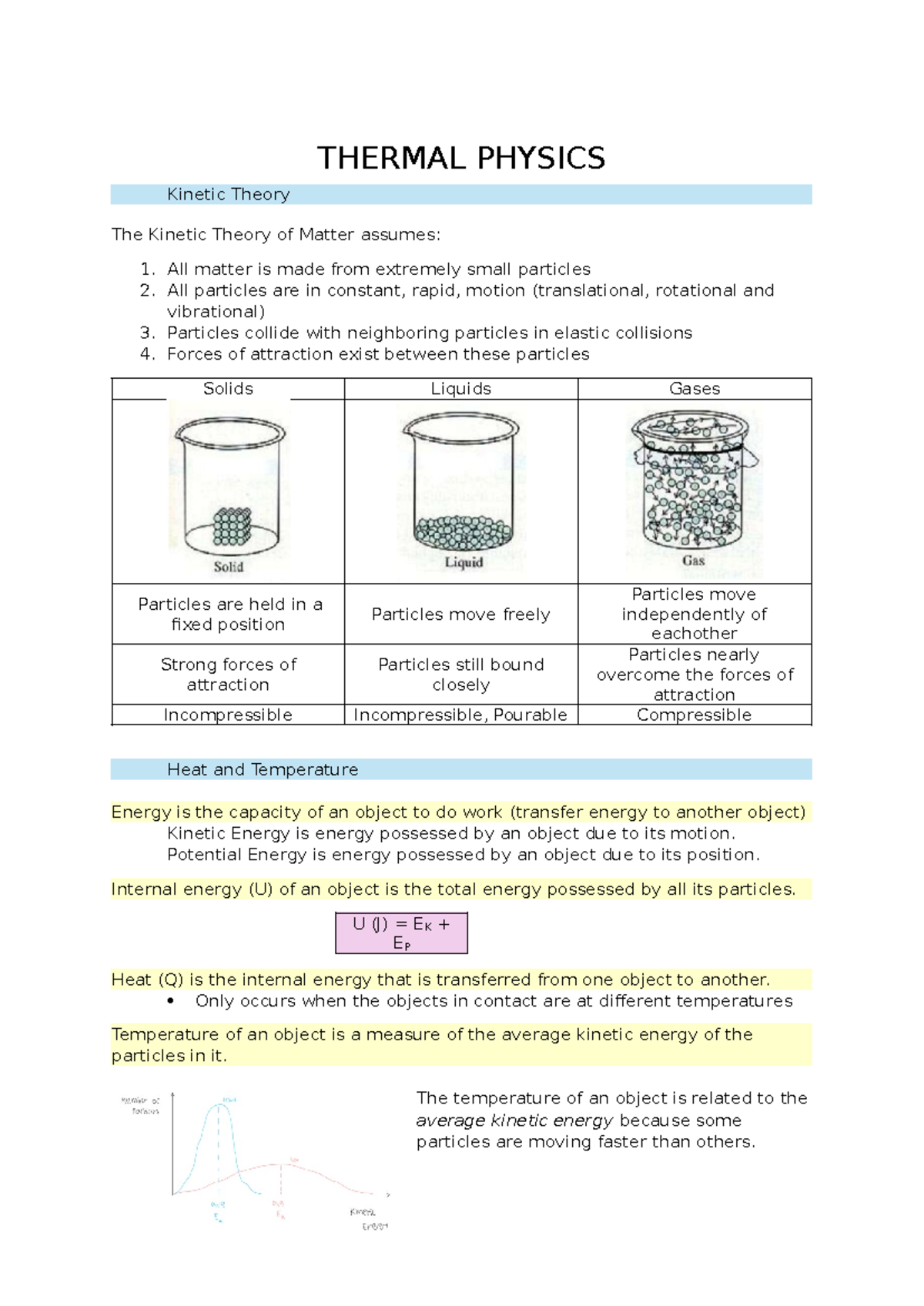 Thermal Physics Mathematics Notes - THERMAL PHYSICS Kinetic Theory The ...