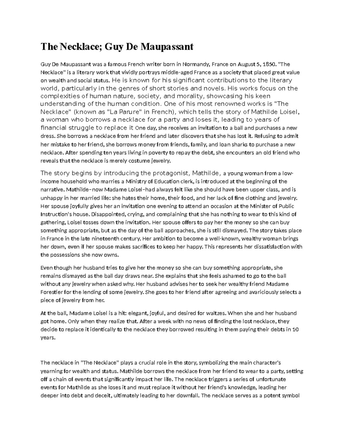 The Necklace- CRITIQUE PAPER - The Necklace; Guy De Maupassant Guy De ...