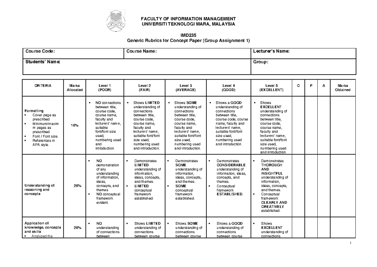 IMD235 Rubric Group Assignment 1 - UNIVERSITI TEKNOLOGI MARA, MALAYSIA ...