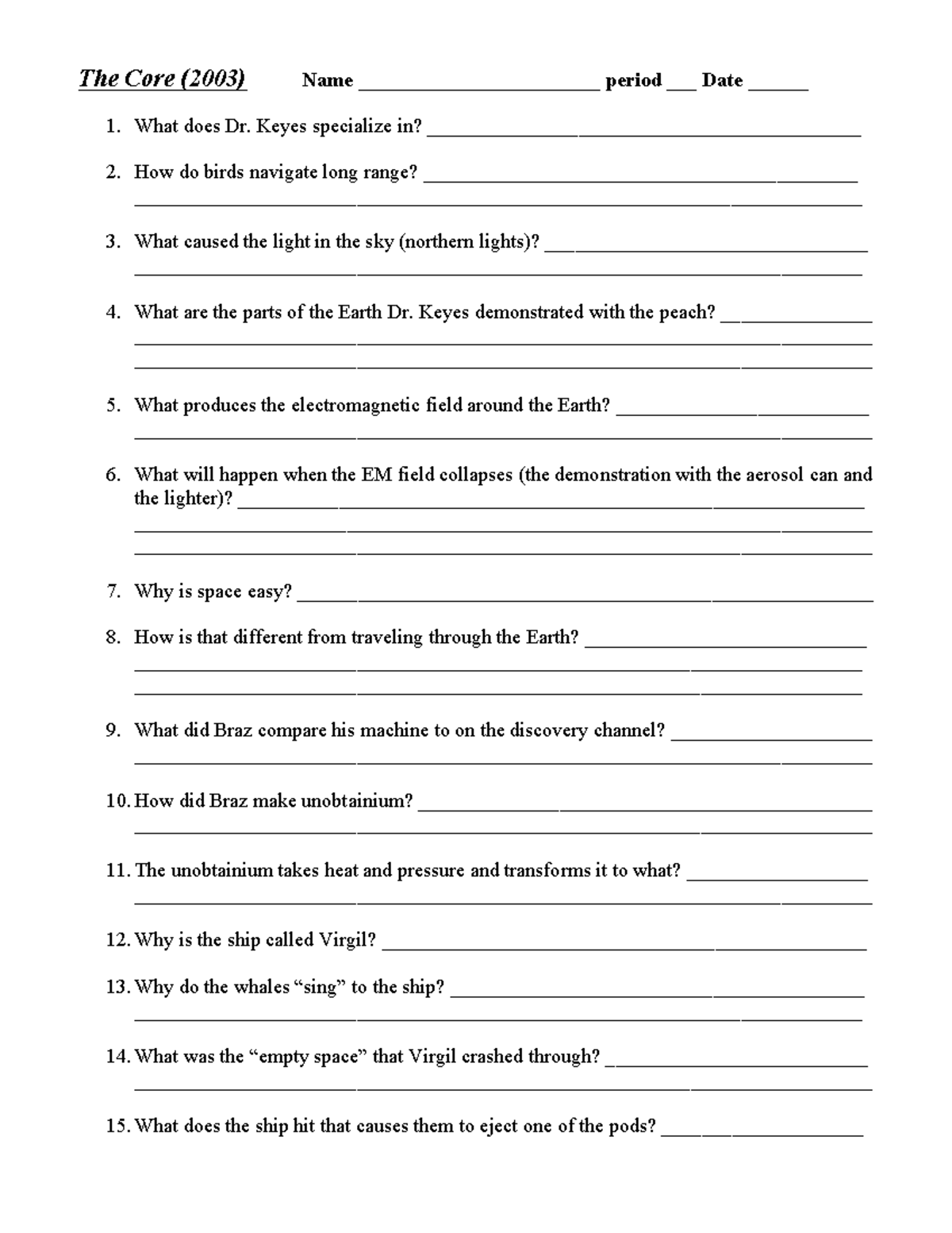 The Core Movie WS - questions for the core in earth science subject ...